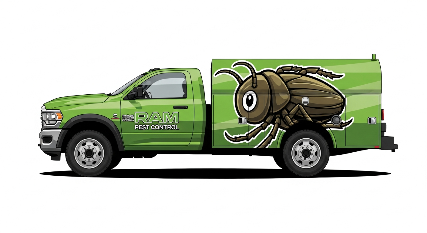 RAM Pest Control green truck with big bug graphic